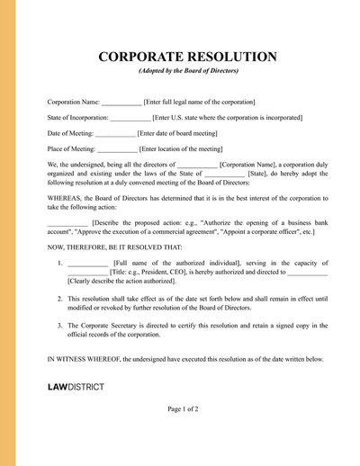 Free Corporate Resolution Form Template | Lawdistrict