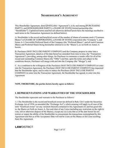 Shareholder Agreement Form | Easy Download | Lawdistrict