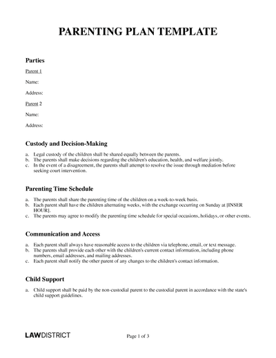 Printable Parenting Plan Template | PDF & Word | Lawdistrict