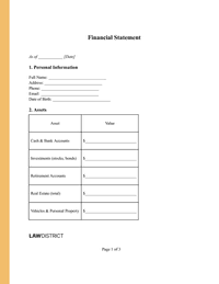 Personal Financial Statement Template | PDF & Sample | Lawdistrict