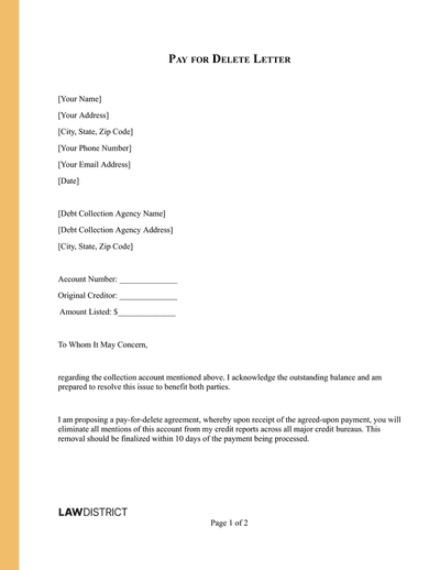 Pay for Delete Letter | PDF Letter & Sample | Lawdistrict