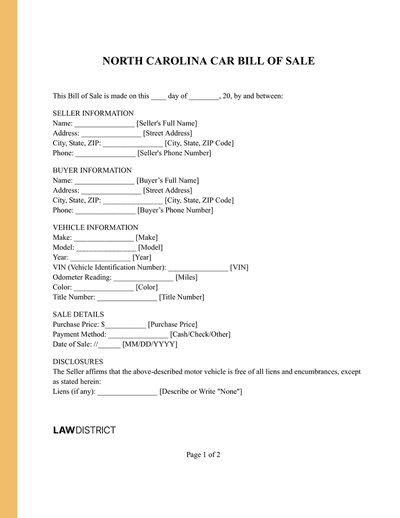 North Carolina Bill of Sale Form | Free Printable PDF | Lawdistrict
