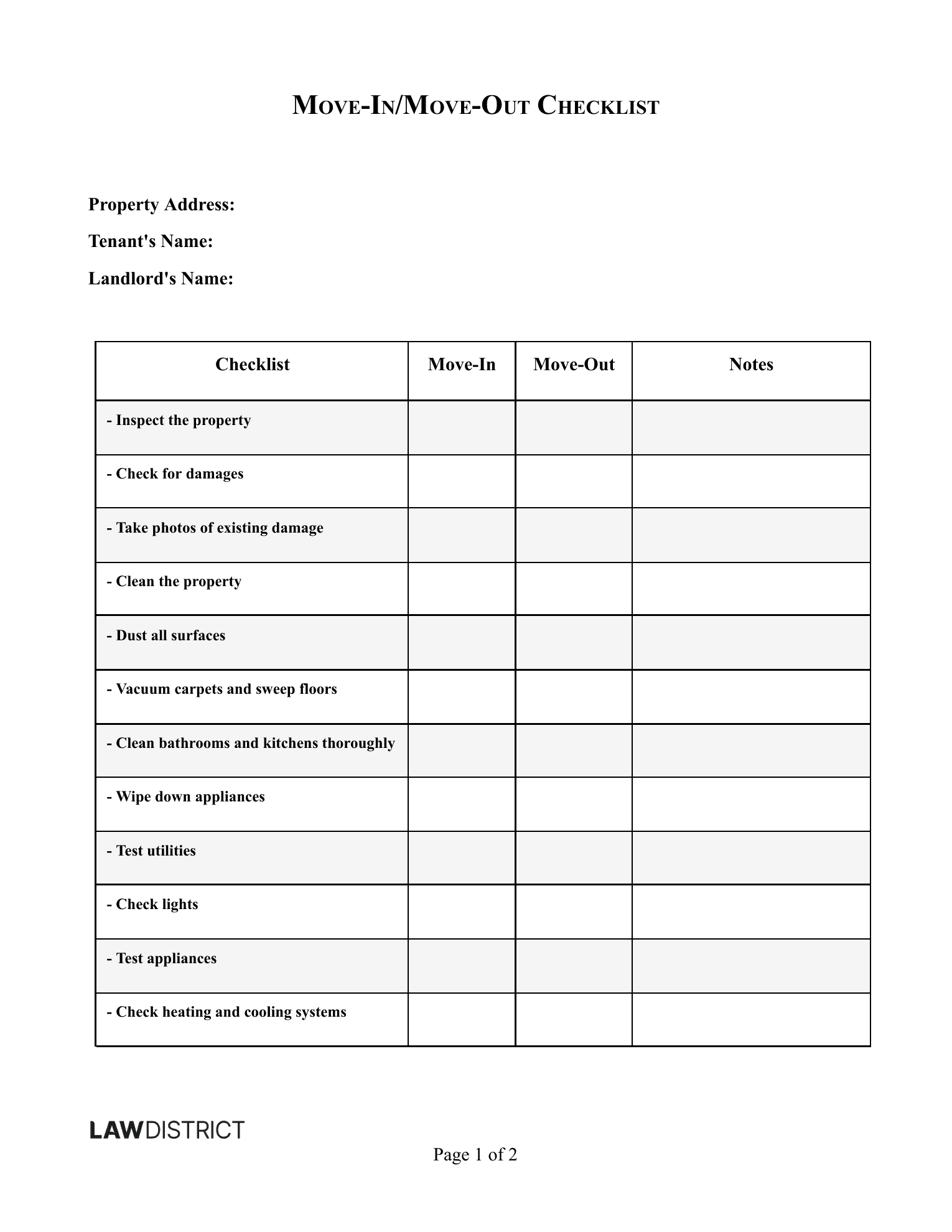 Free Movein Moveout Checklist Landlordtenant Word Pdf Eforms