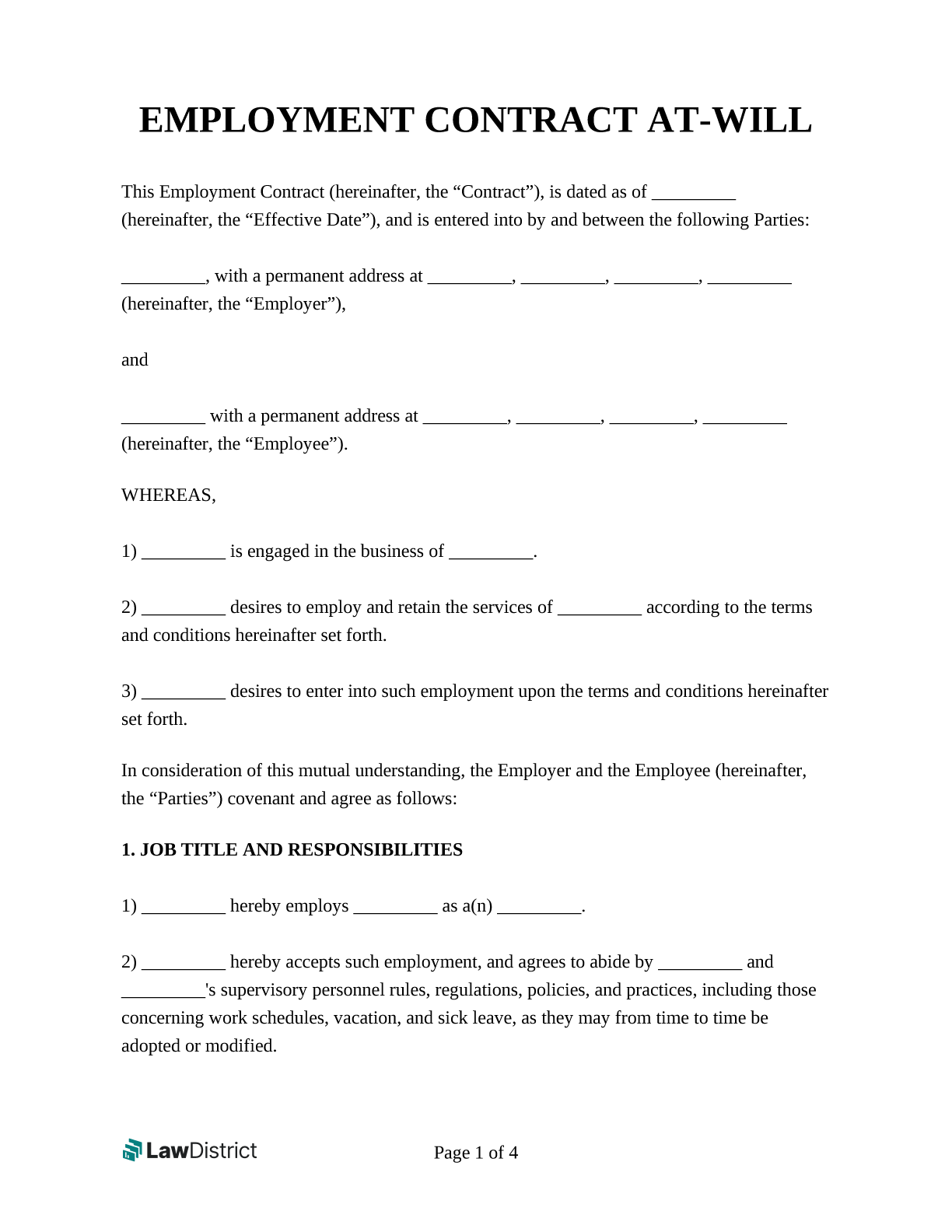 At Will Employment Agreement Template