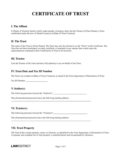 Free Certificate of Trust Form | Sample & PDF | Lawdistrict