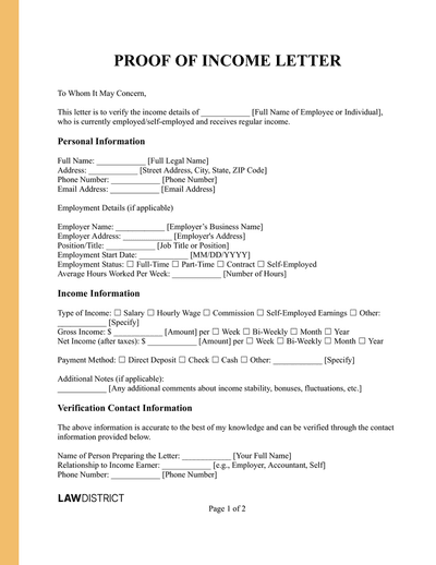 Free Proof of Income Letter PDF Template | Lawdistrict
