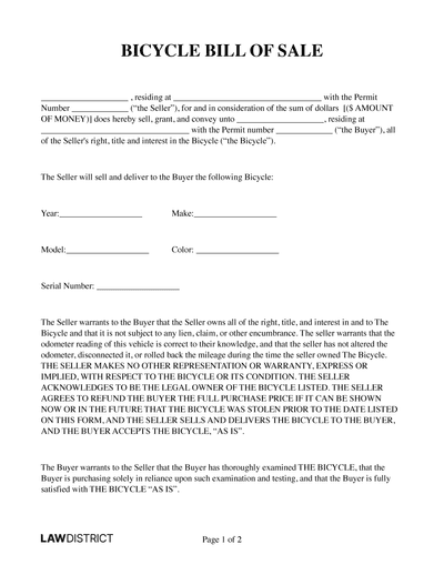 Free Bicycle Bill of Sale Form | PDF & Sample | Lawdistrict