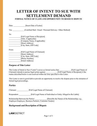 Free Letter of Intent to Sue Template (Settlement Demand) | Lawdistrict