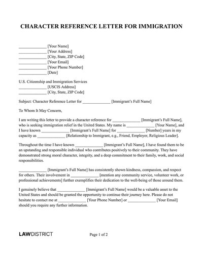 Free Character Reference Letter for Immigration | Lawdistrict