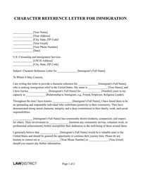 Free Character Reference Letter for Immigration | Lawdistrict
