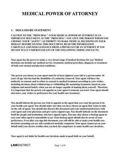 Medical (Health Care) Power of Attorney Form | Lawdistrict