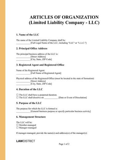 Free LLC Articles of Organization | PDF & Sample | Lawdistrict