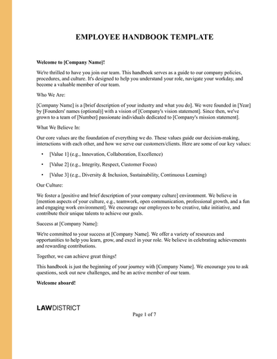 Free Employee Handbook | PDF Templates | Lawdistrict