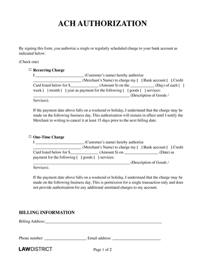 Free ACH Authorization Form | Recurring Template | Lawdistrict